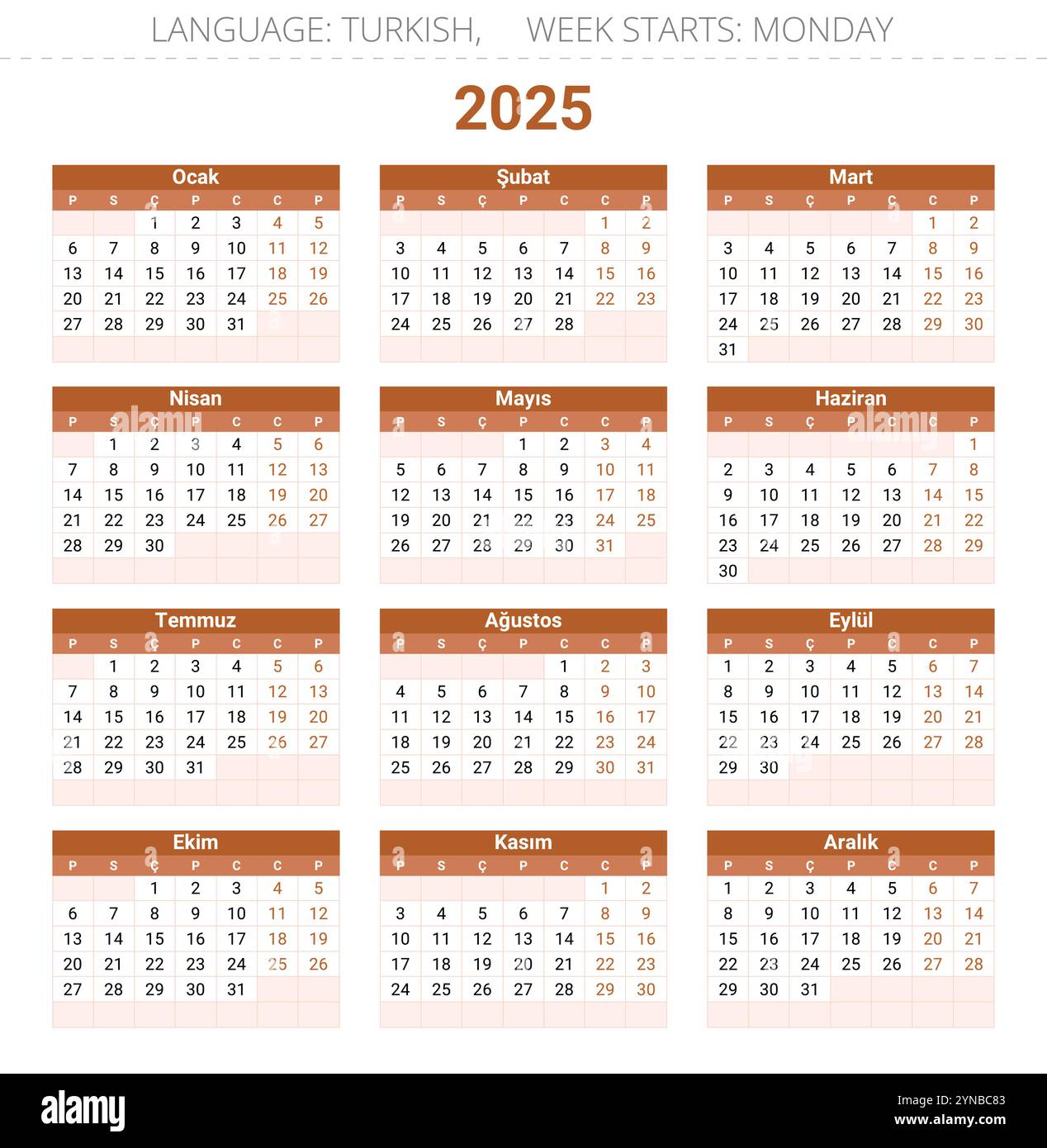 Turkey 2025 Turkish calendar: modern yearly design illustration (takvim ...