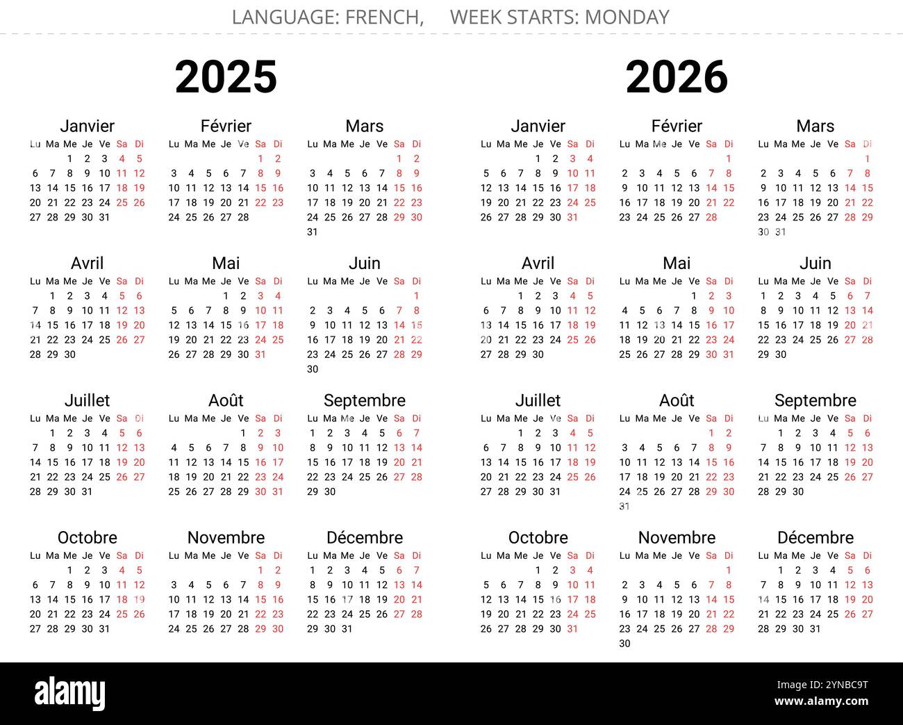 2025 and 2026 year french calendars. Printable vector illustration set ...
