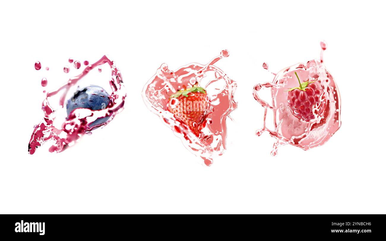 Berry falling in juice splash mockup set, depth of field, 3d rendering ...