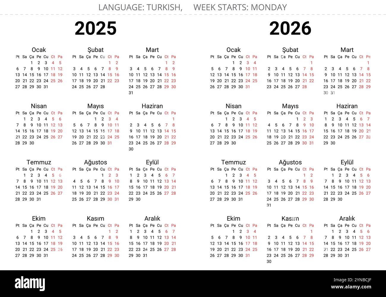 2025 and 2026 year turkish simple calendars. Printable vector ...
