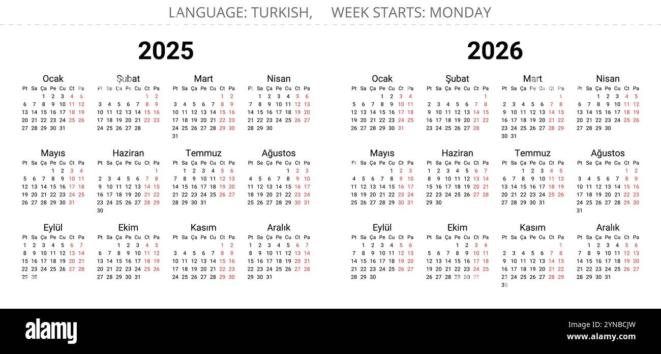 2025 and 2026 year turkish simple calendars. Printable vector ...