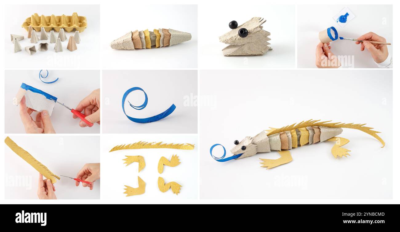 Lizard craft using recycled materials, egg cartons and cardboard, step ...