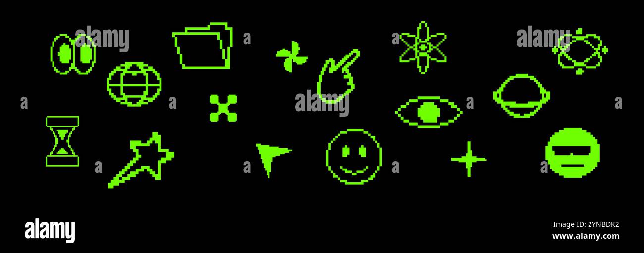 Pixel graphic set with retro waves, blasts, and Y2K symbols Stock ...