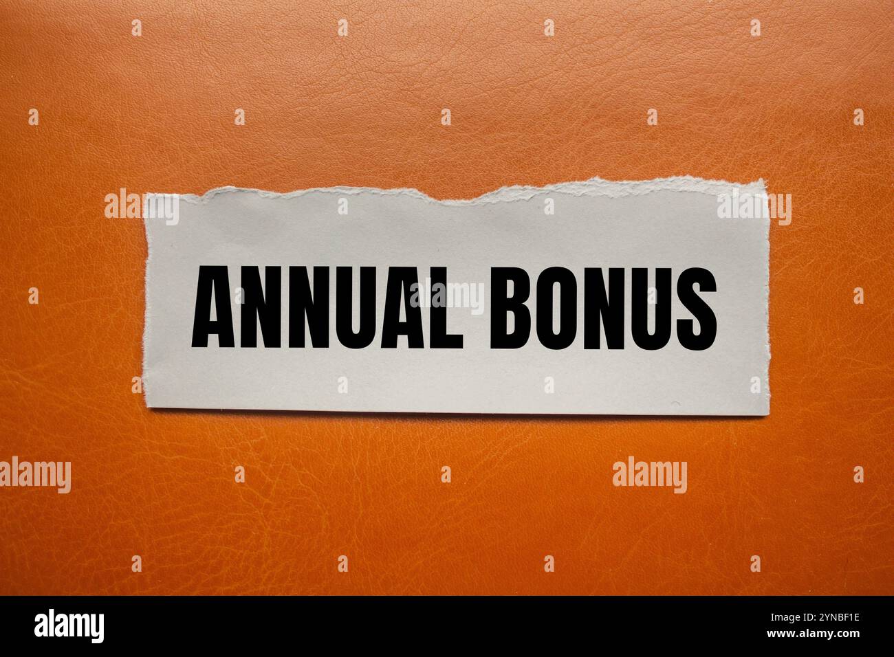 Annual bonus message written on ripped torn paper piece with brown ...