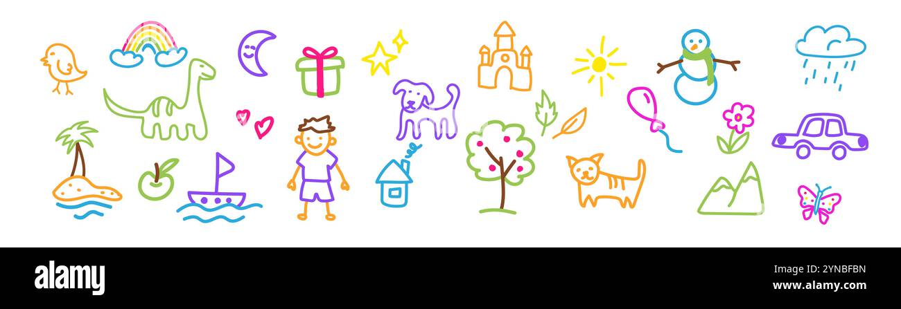 Simple kid drawing with a tree, flowers, and heart Stock Vector Image ...