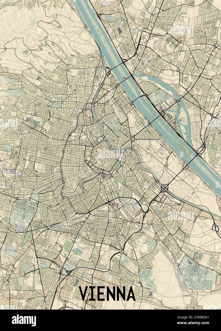 A detailed map of Vienna, Austria, featuring a beige background with ...