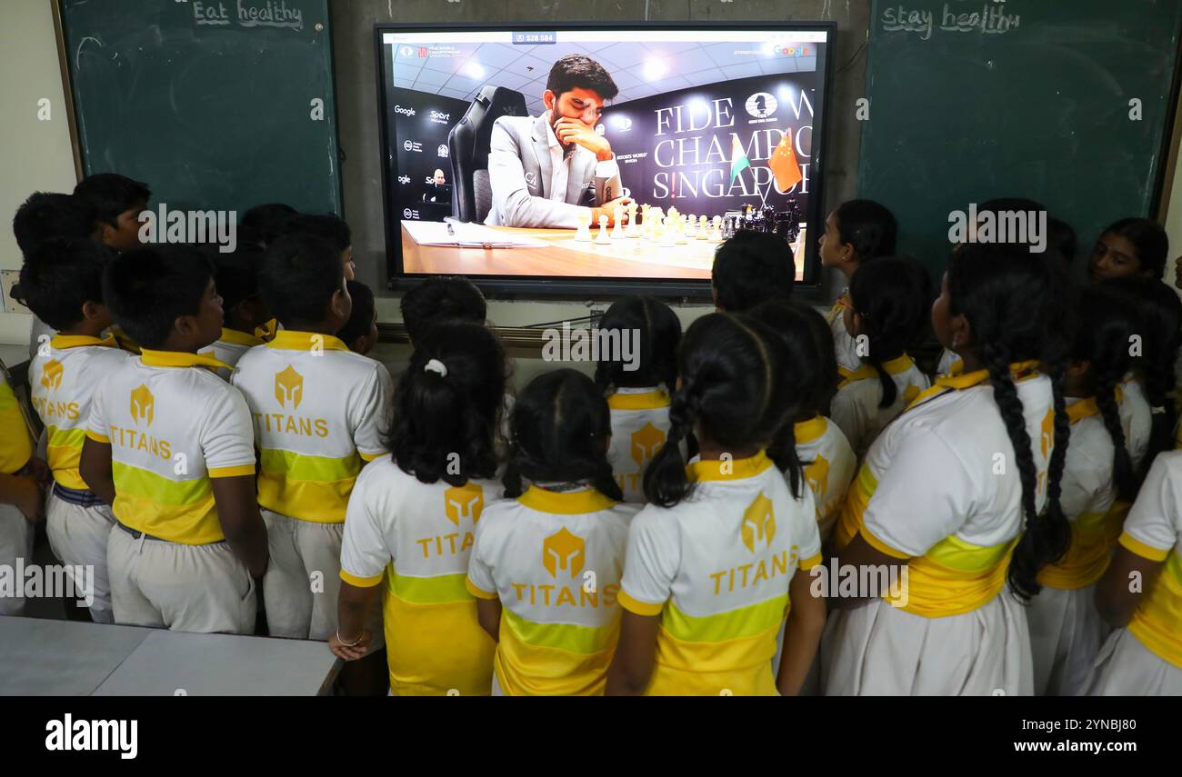 Chennai School students watching the live telecast of FIDE World Chess ...