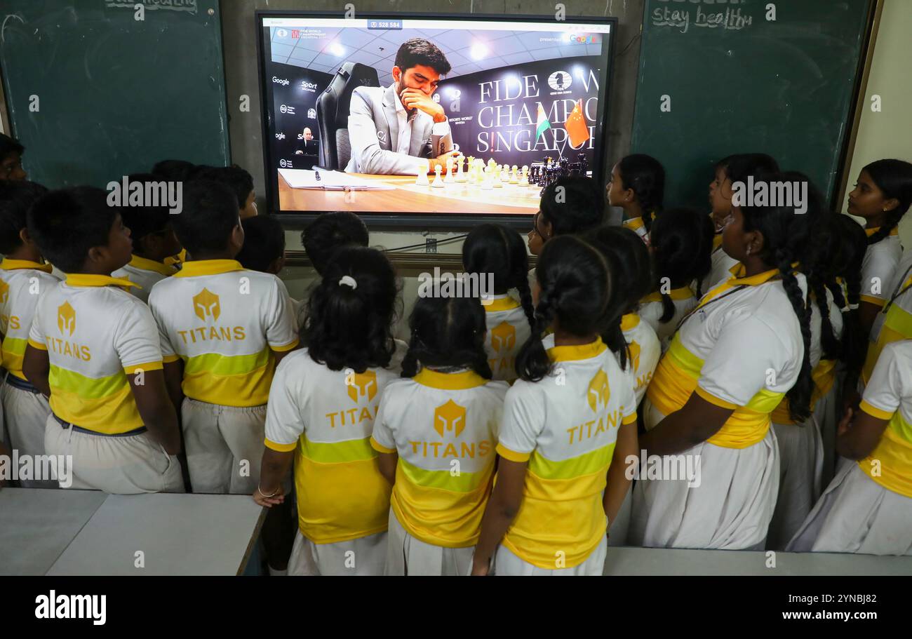 Chennai School students watching the live telecast of FIDE World Chess ...