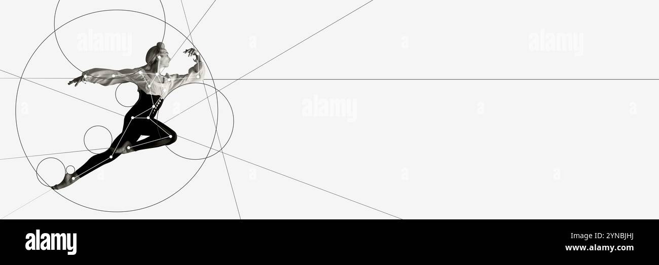 Cotemporary art collage. Ballerina leaps in perfect alignment with ...