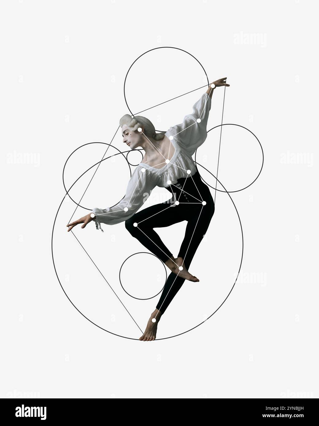 Cotemporary art collage. Poised ballet dancer extends arms gracefully while framed by ...