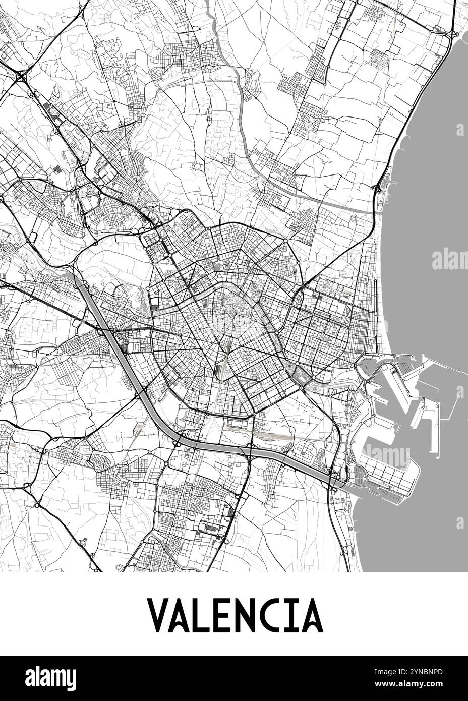A detailed black and white map of Valencia, Spain, showcasing the city ...