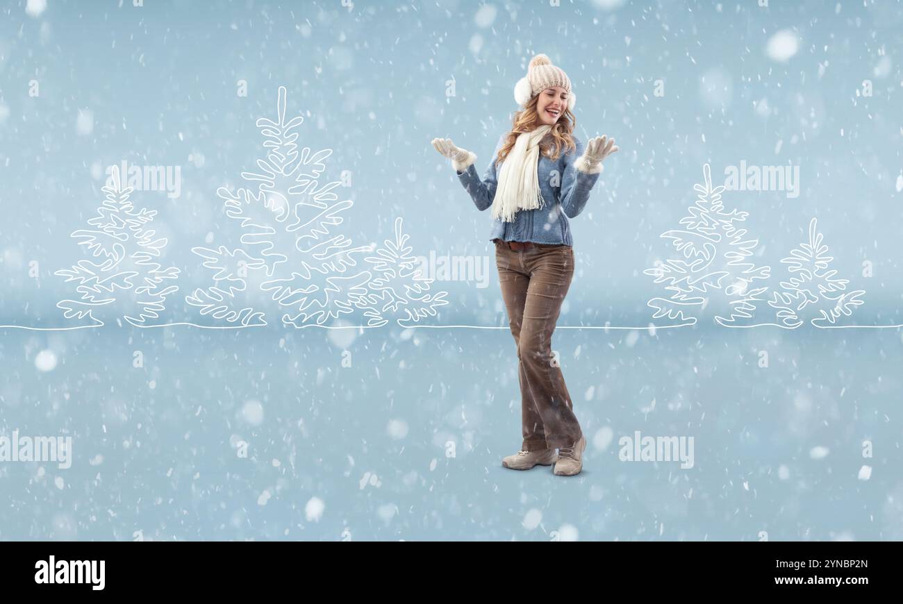 A cheerful and joyful woman embracing the beauty of a winter snowfall ...