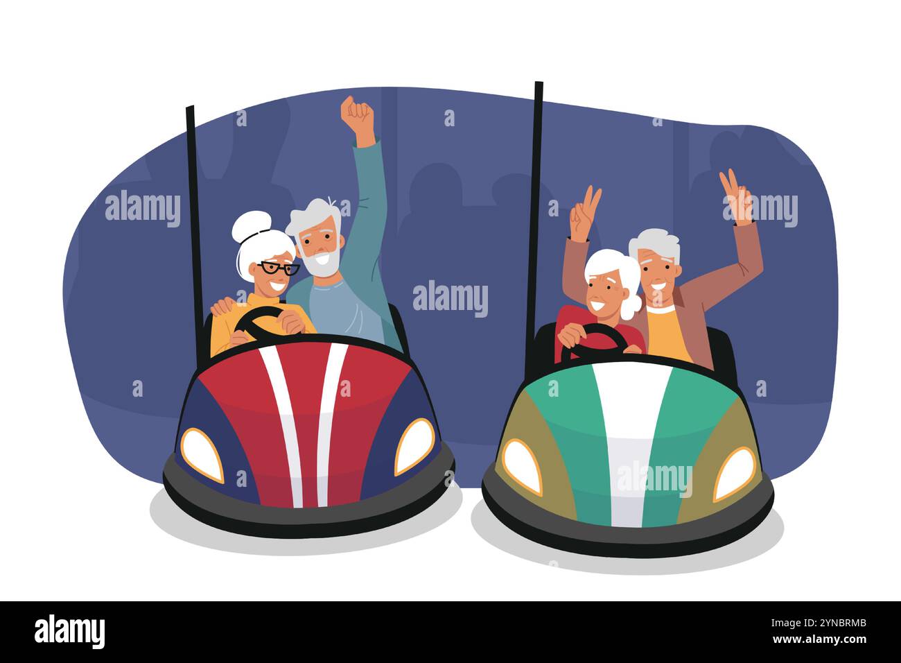 Elderly people ride on carousel in form of cars, sit in pairs and enjoy ...