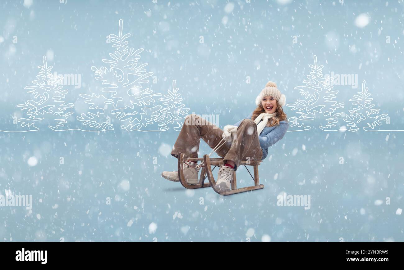 A cheerful and happy young woman sledding and enjoying the ride on sled ...