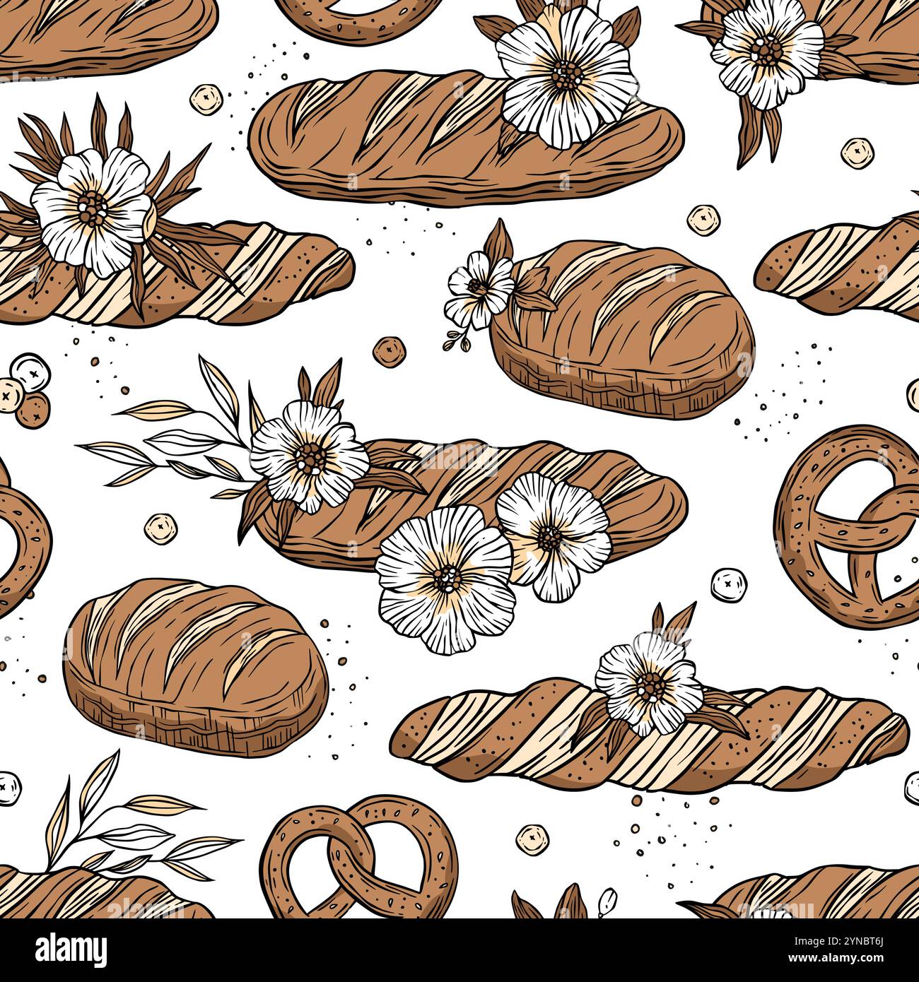 Bread loaf pretzel flower pastry seamless pattern vector on white background Stock Vector Image ...