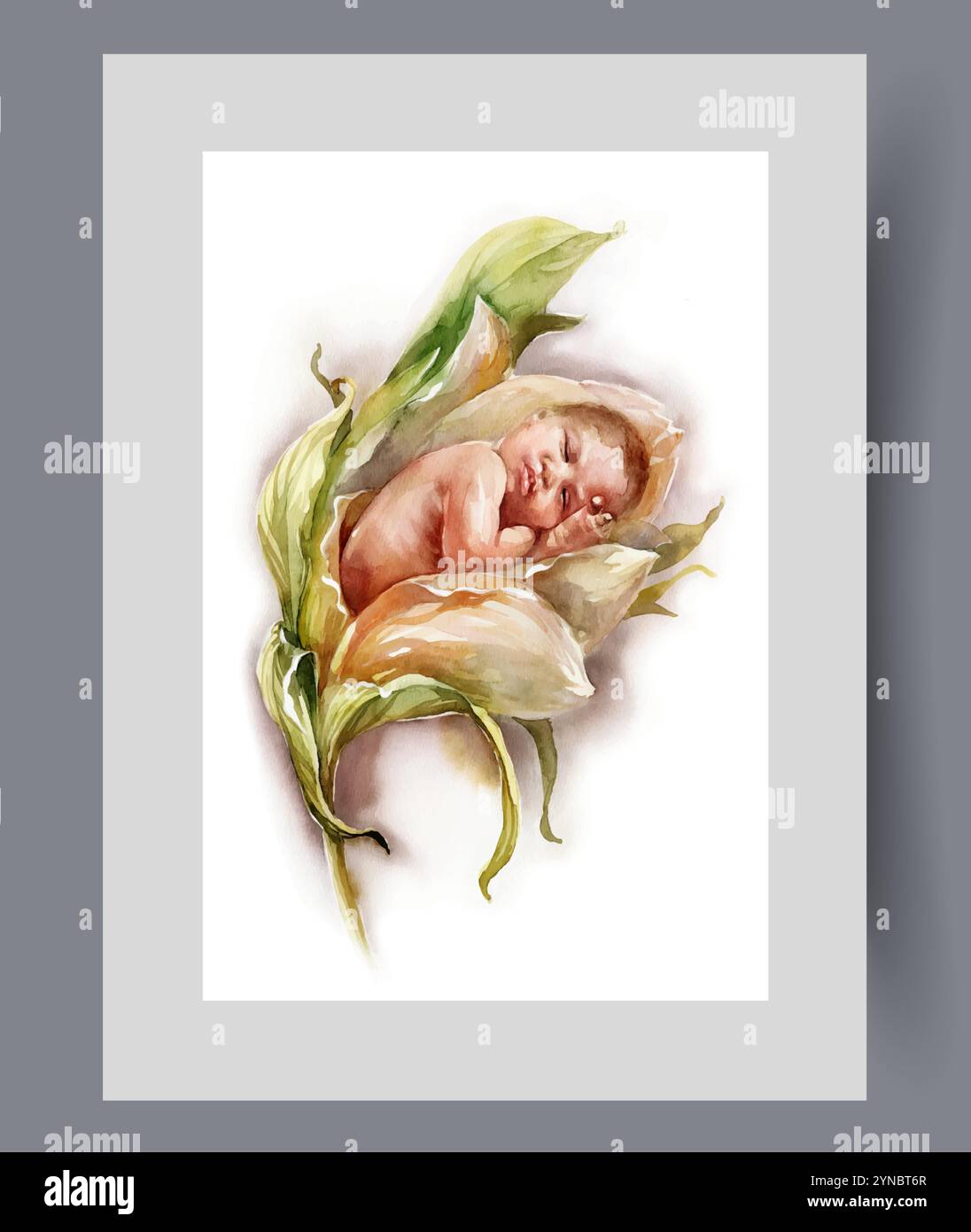 Innocent baby sleeps in bud of blooming flower symbolizing fertility on ...