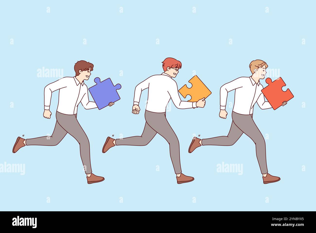 Teamwork of business men running together side by side with puzzle ...