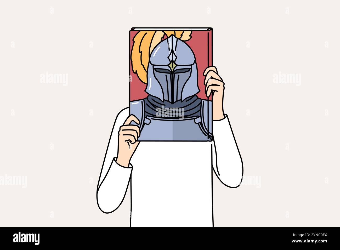 Book with knight on cover in hands of man covering face, reading ...