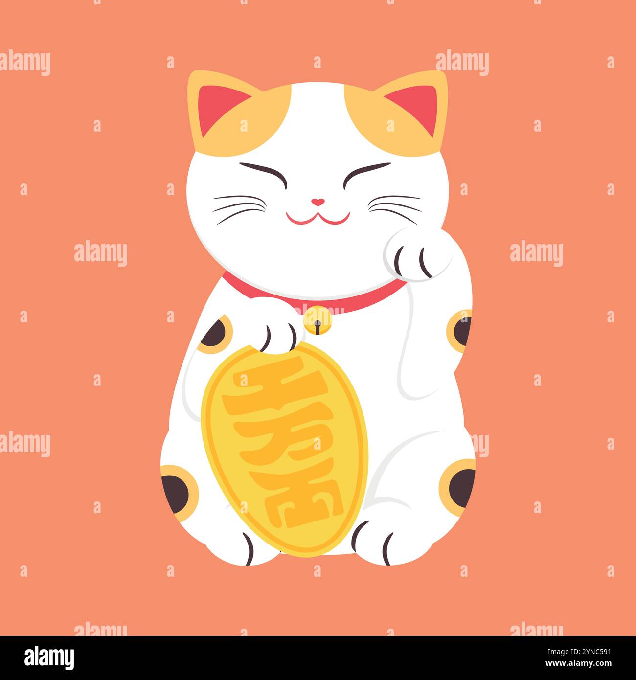 Japanese Maneki neko flat cartoon illustration. Lucky cat with a raised left paw. Symbol of ...