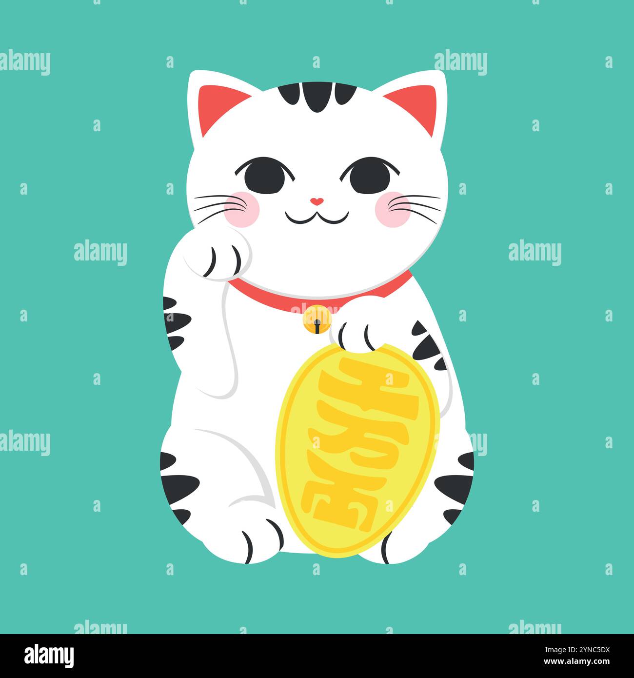 Spotted Maneki neko with a raised right paw. Japanese lucky cat flat cartoon illustration ...