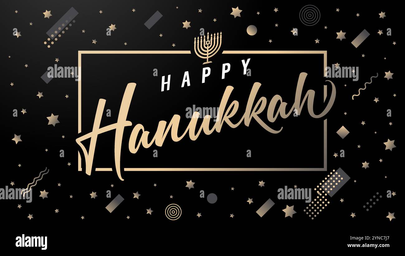 Happy Hanukkah golden luxury calligraphy logo with memphis style ...