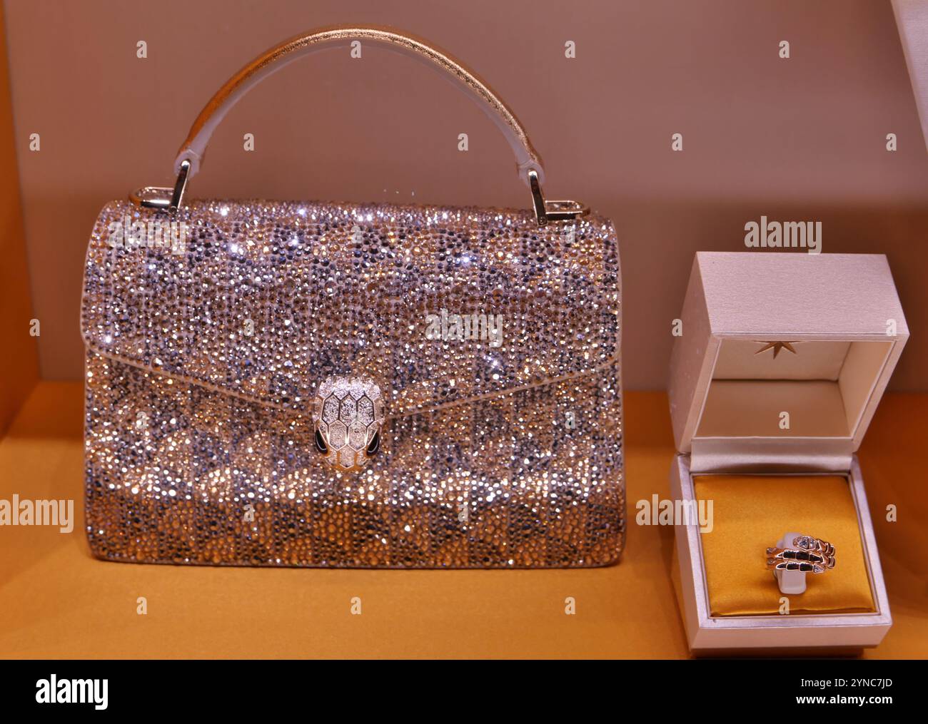 BULGARI BAG AND JEWELS FOR WOMAN ON DISPLAY INSIDE THE FASHION BOUTIQUE ...