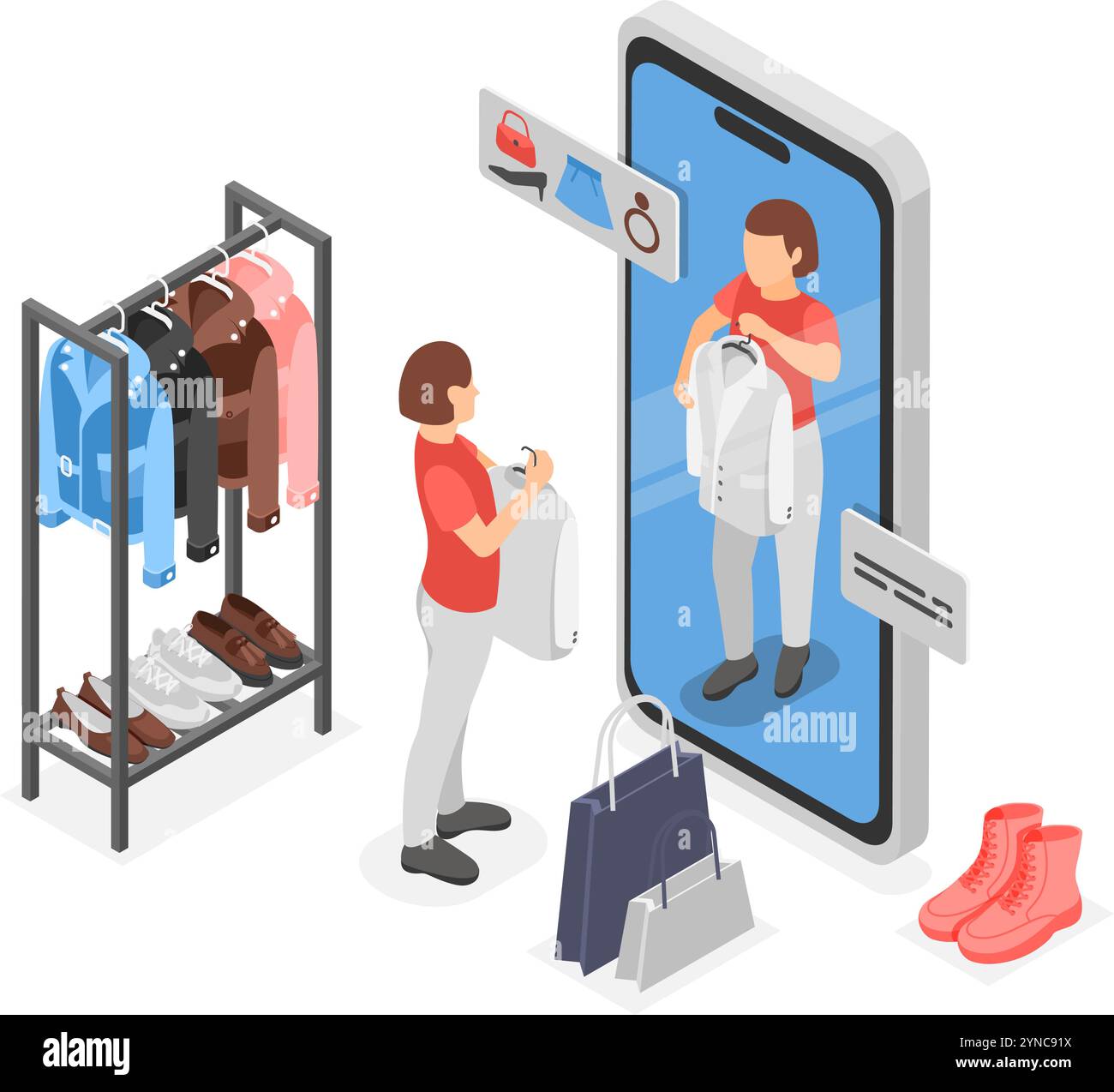 Isometric online shopping. Girl fitting and choose new fashion outfits ...
