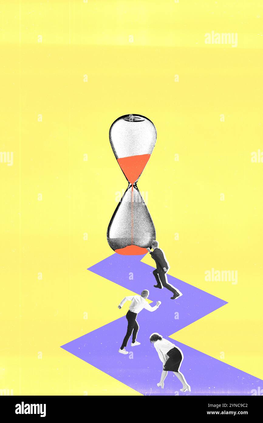 Contemporary art collage. Individuals walking on winding purple path ...