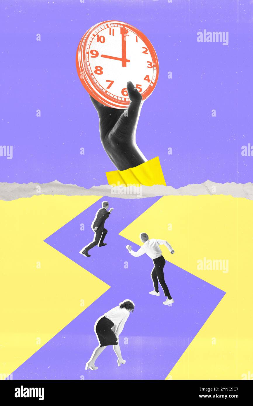Contemporary art collage. Hand holding clock above zigzag path where ...