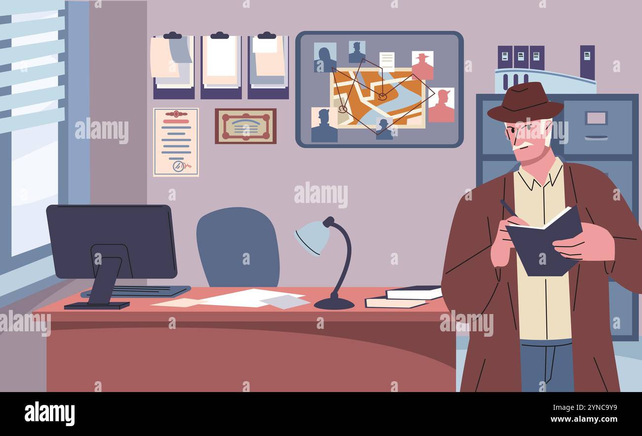 Detective office interior with private police agent character ...