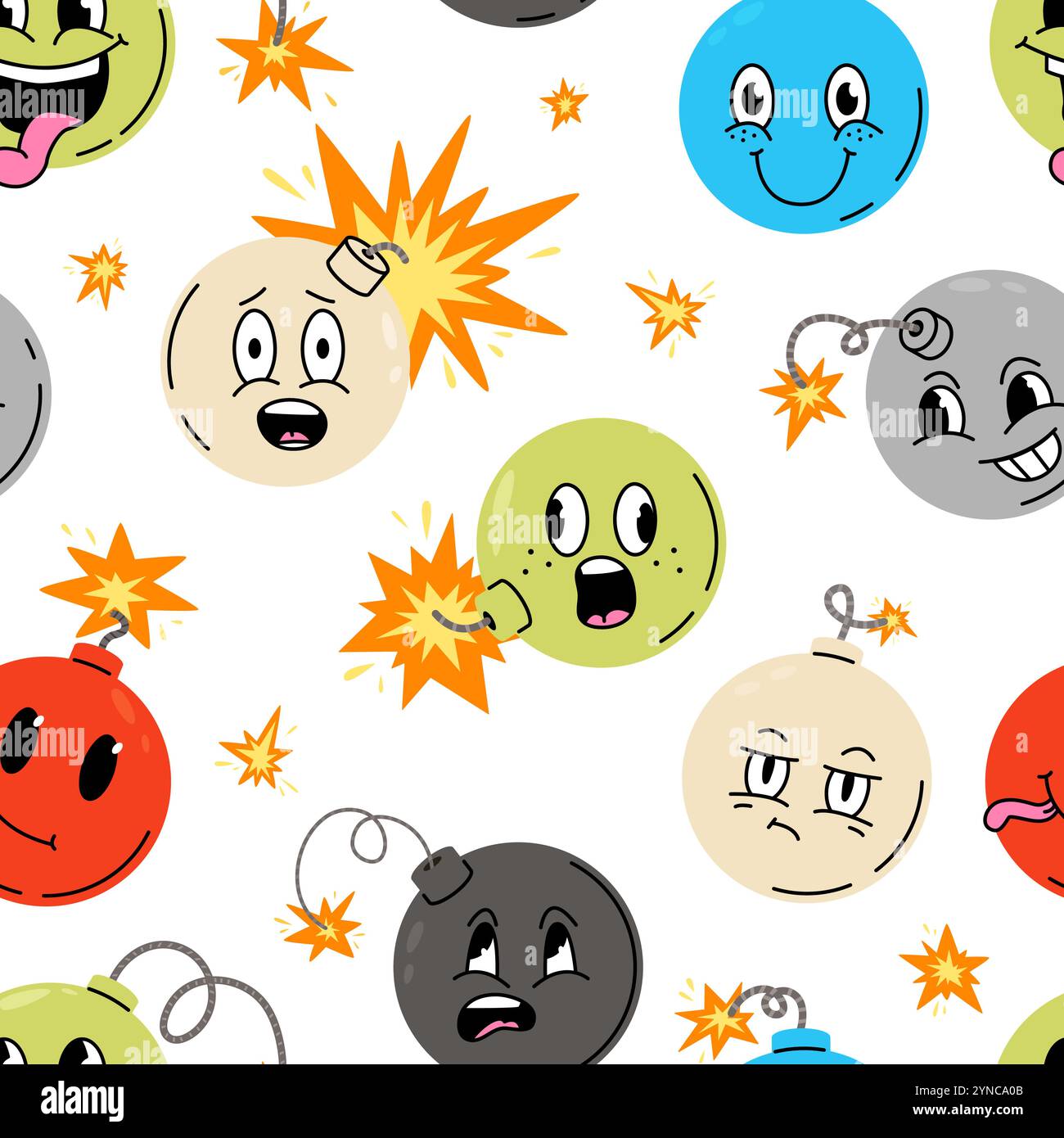 Cartoon crazy bombs seamless pattern. Cute emotional bomb with fire ...