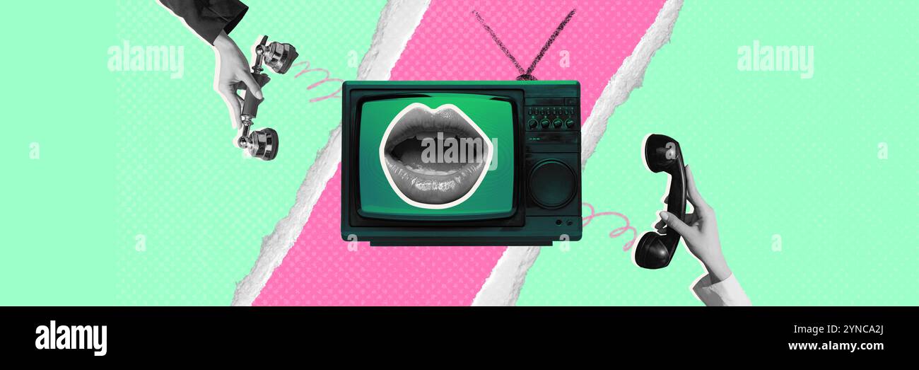 Contemporary art collage. Retro TV paired with vintage telephones ...