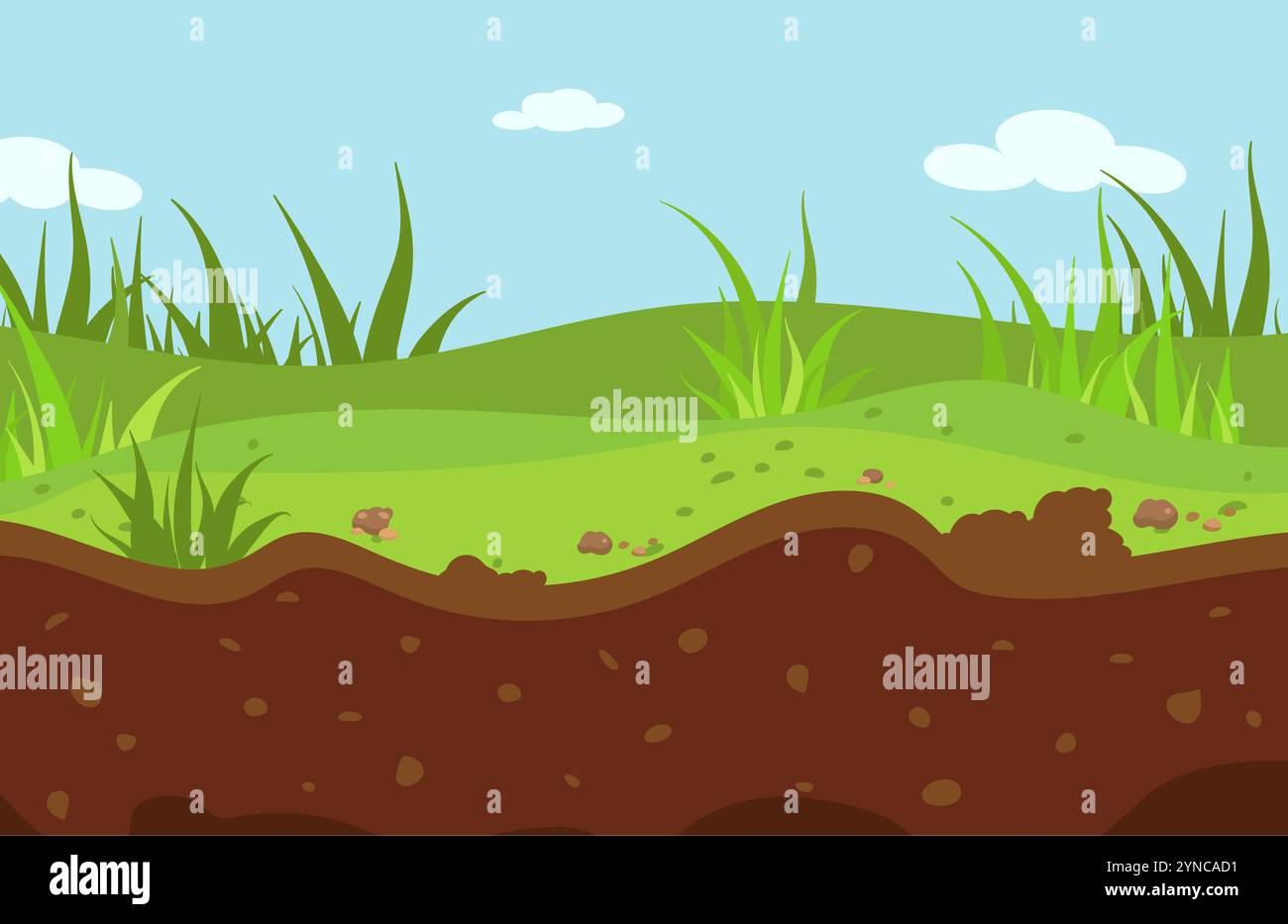 Green valley with grass and layers of earth or soil. Underground of ...