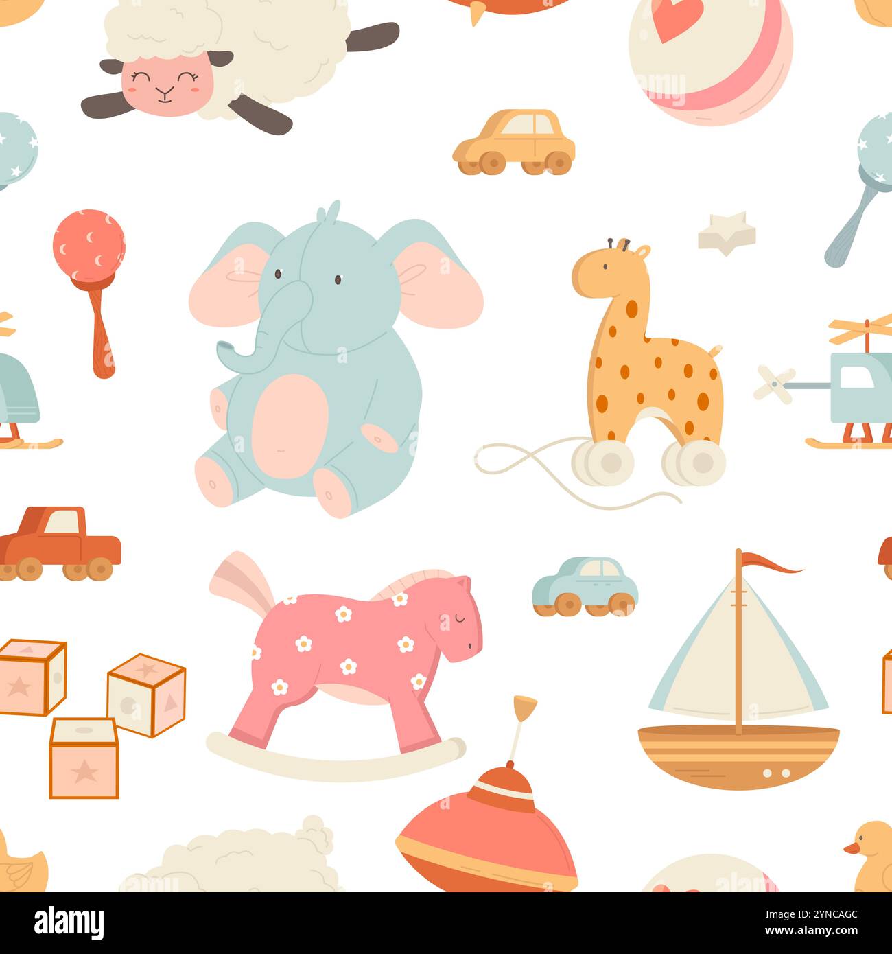 Different children toys seamless pattern. Cute wooden ship cubes and ...