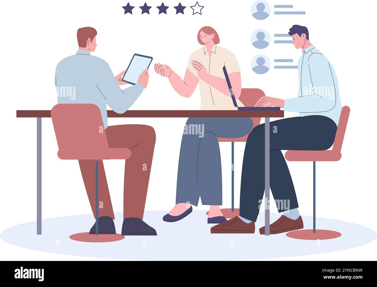 Female on job interview. Employer checks applicants rating and social ...