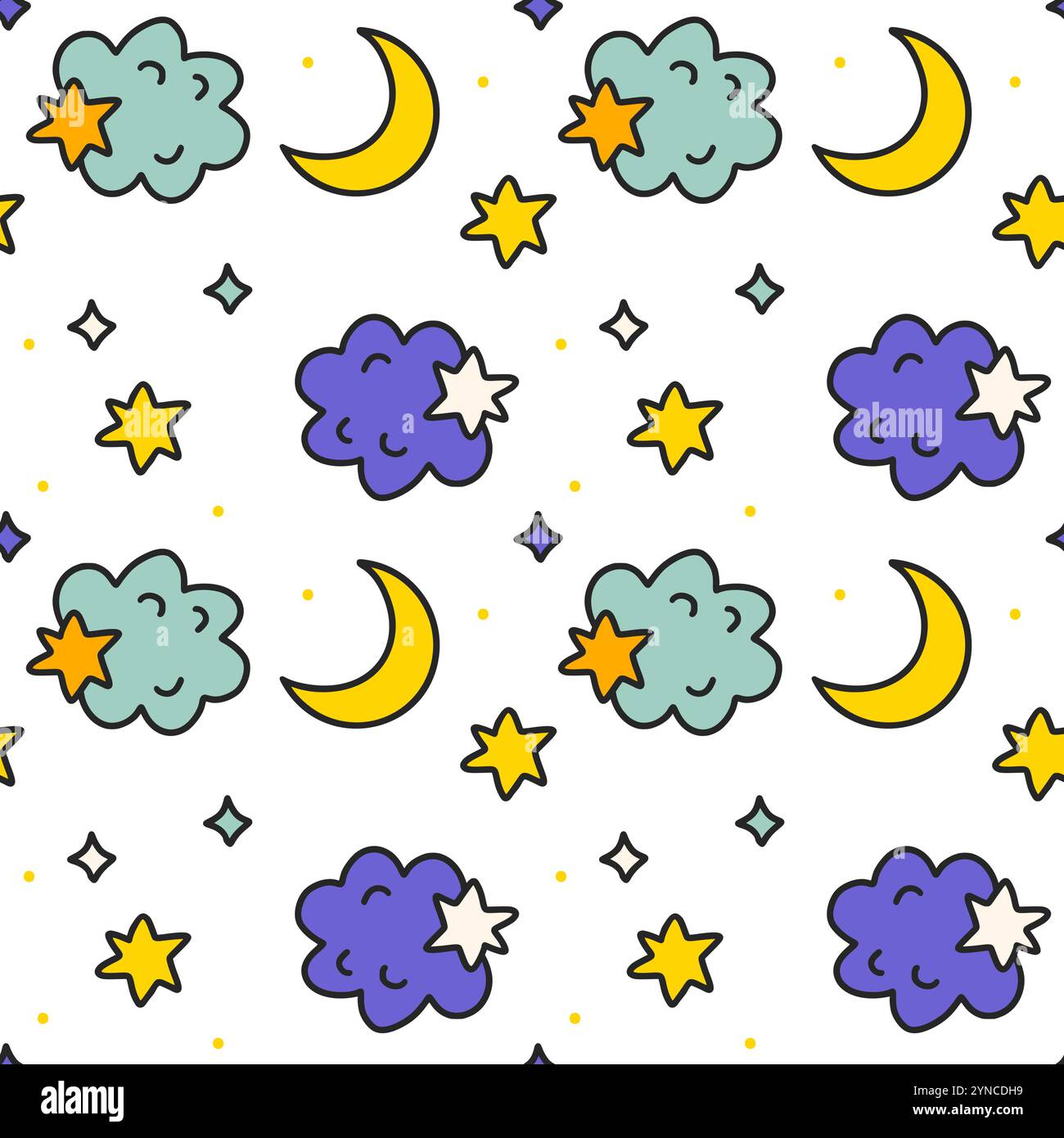 Cute kids seamless pattern doodle clouds roses moon good night sky ...
