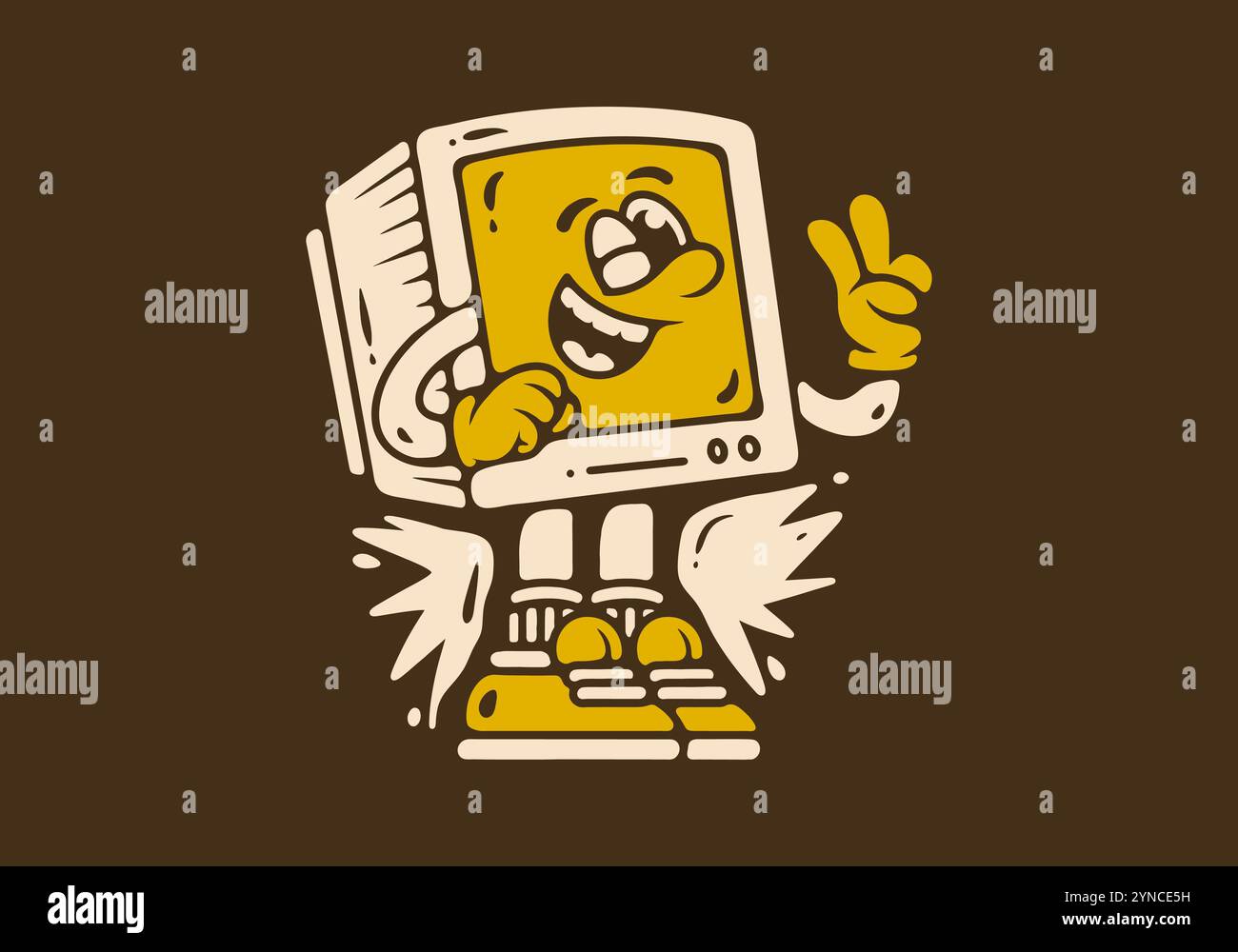 Box monitor character illustration with peace hand in yellow brown ...