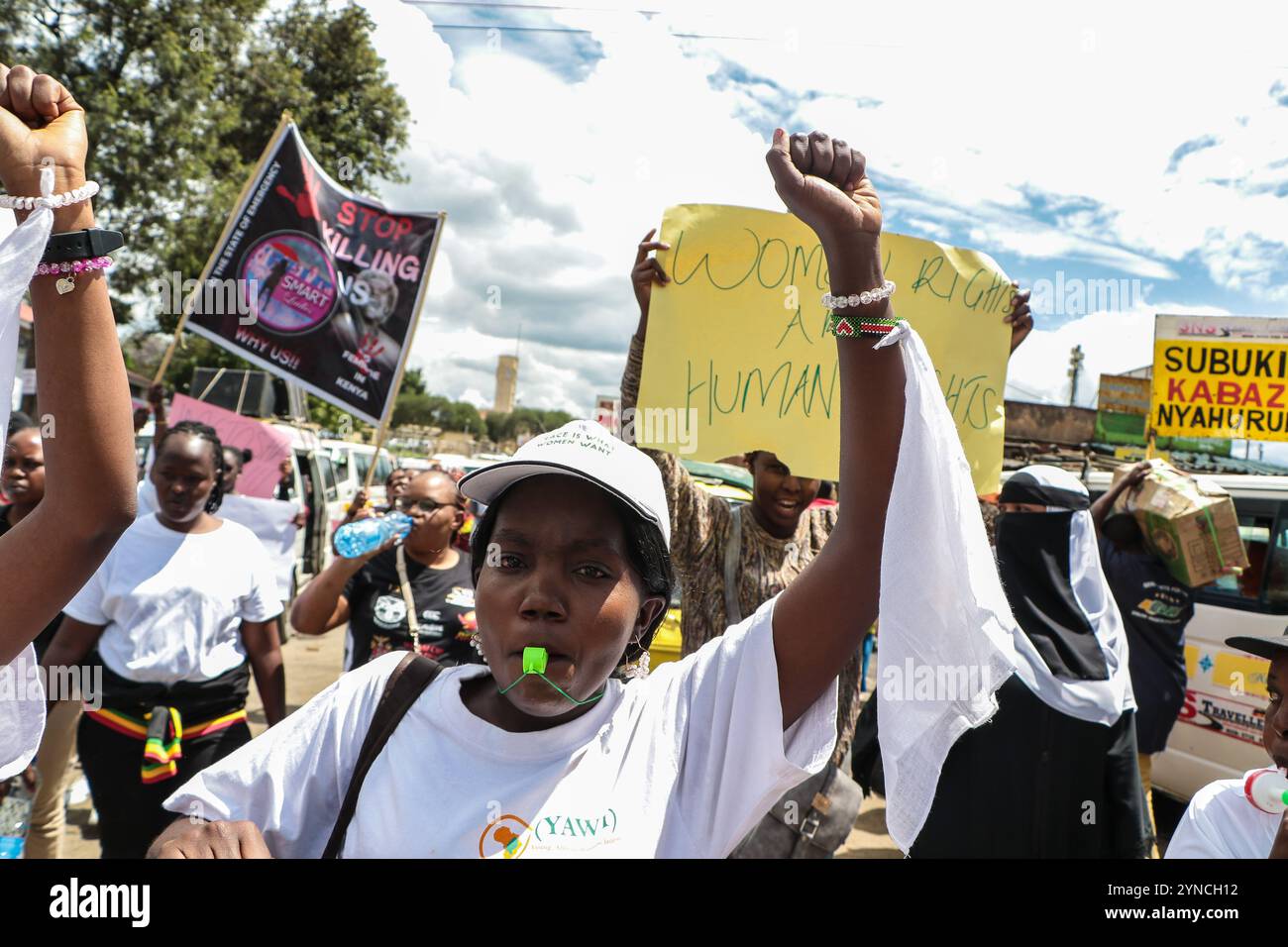 Nakuru, Kenya. 25th Nov, 2024. Activists holding placards chant slogans ...