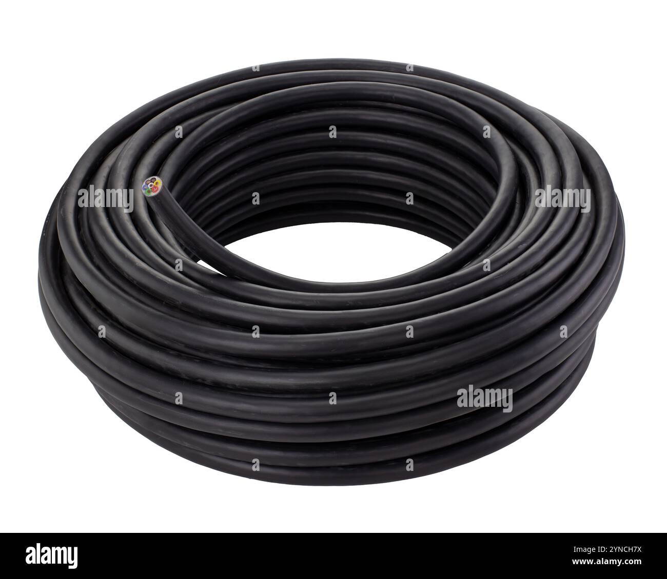 Coiled black electrical cable with visible wiring Stock Photo - Alamy