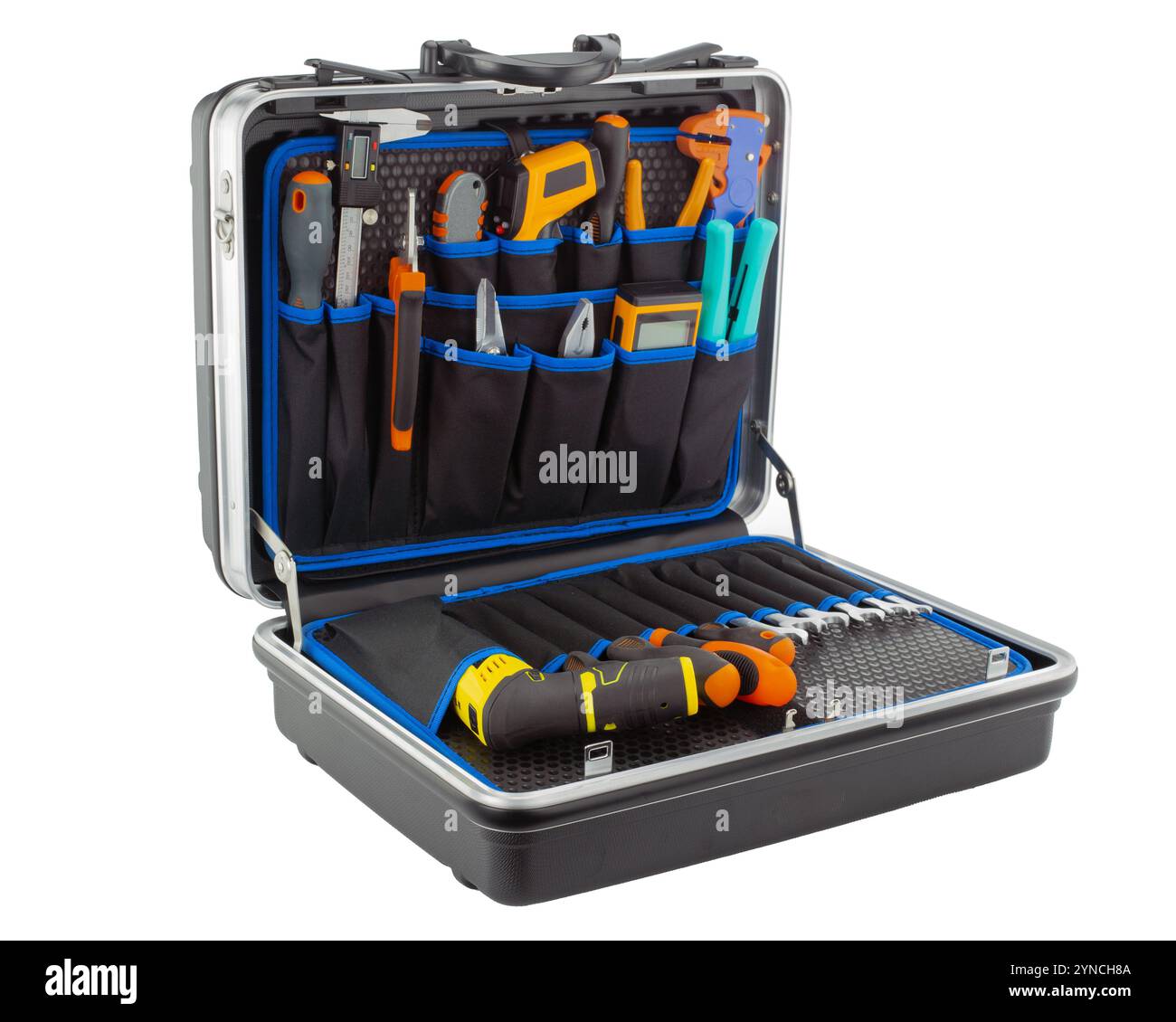 Open toolbox case with assorted tools and equipment Stock Photo - Alamy