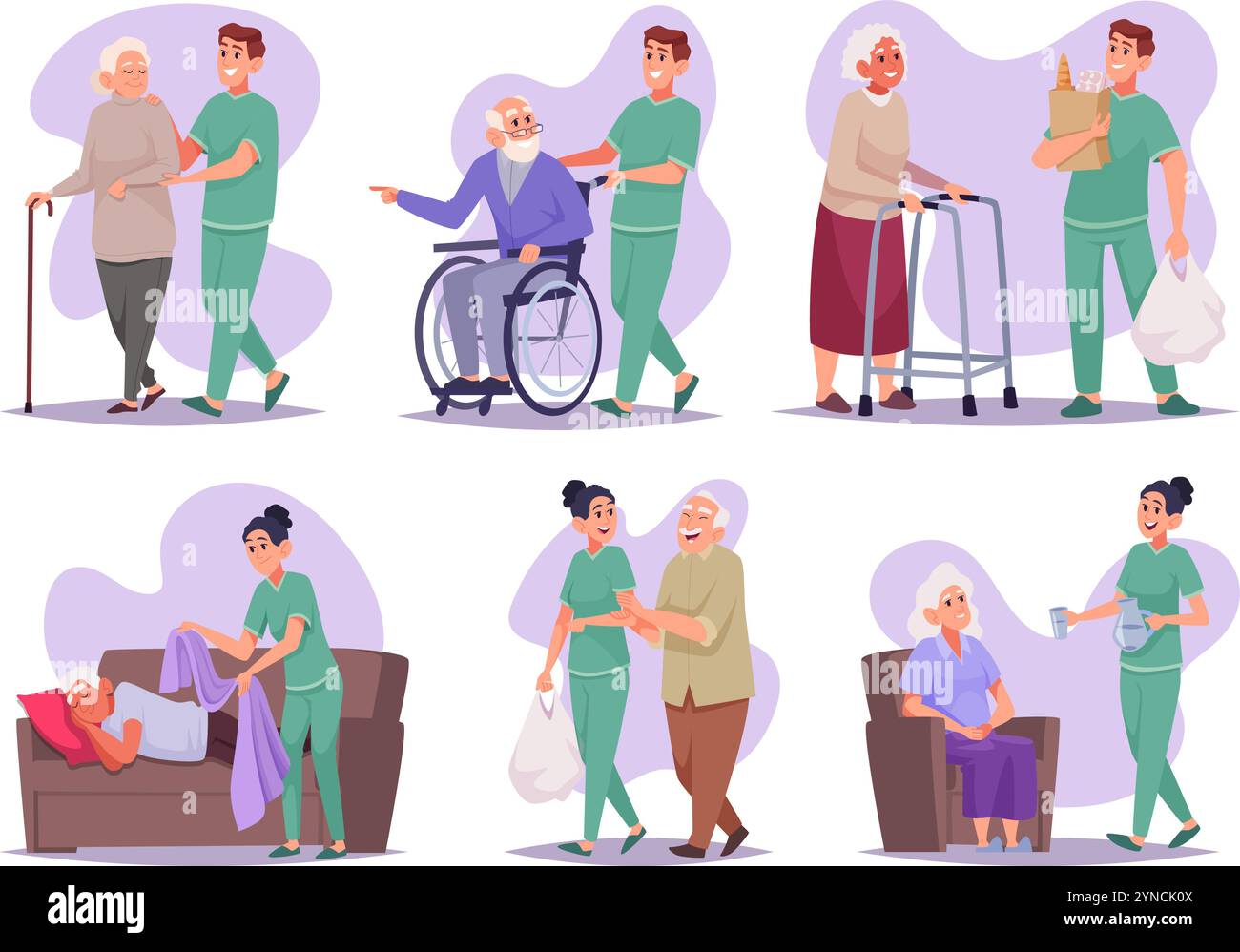 Senior care. Volunteers helping to elderly people medical assistance ...