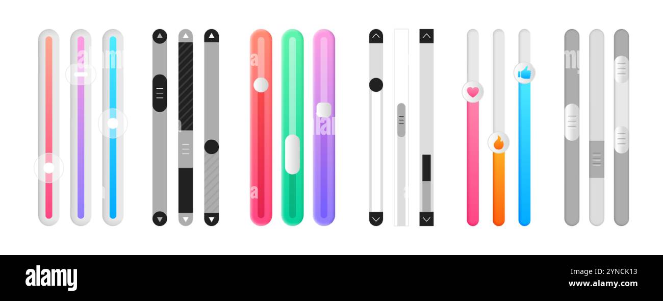 Vector set of scroll bars. Vertical colored sliders, scrollbars. Web design elements for website ...