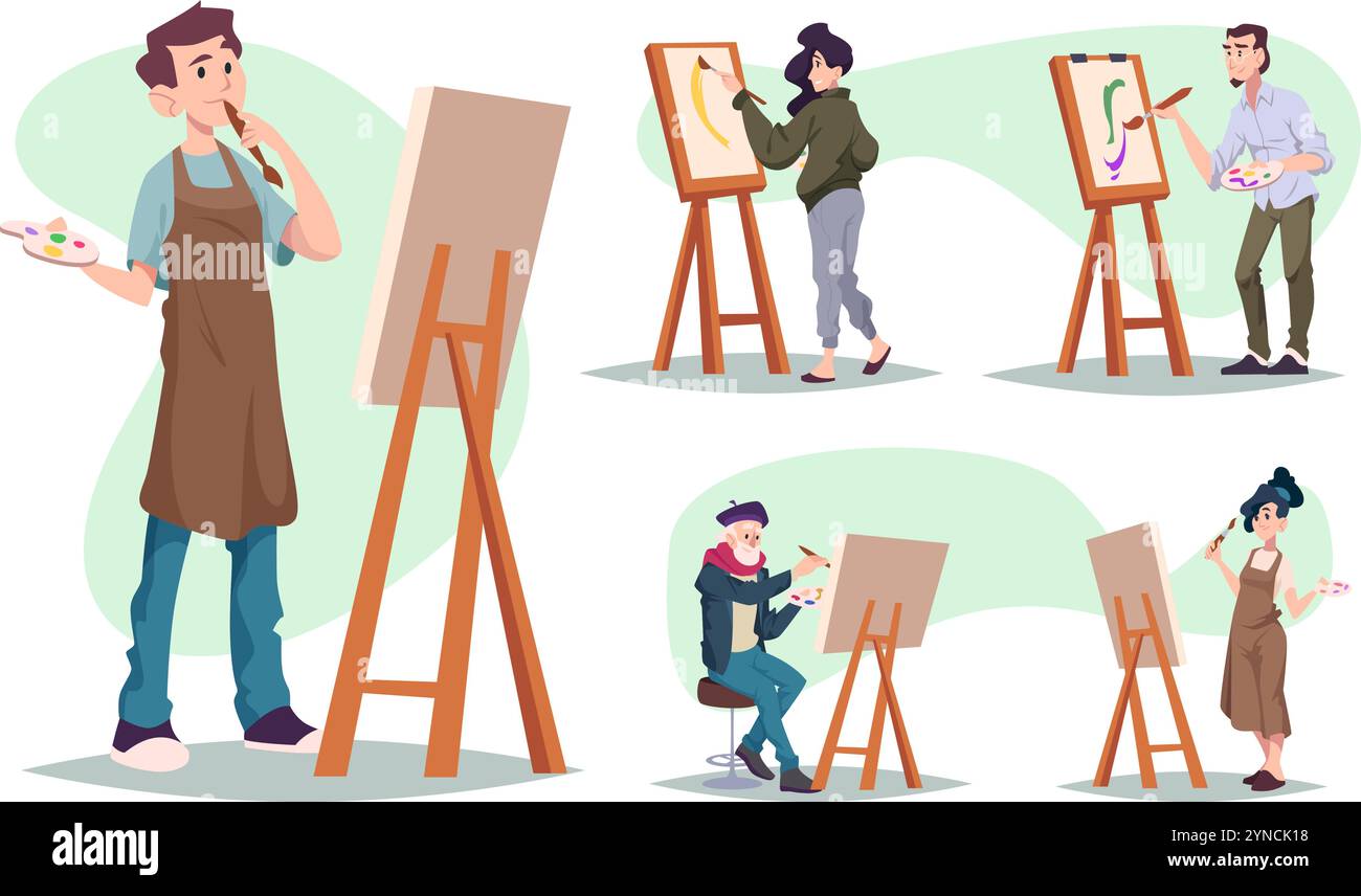 Artists working. Painters drawing beautiful paints using easel ...