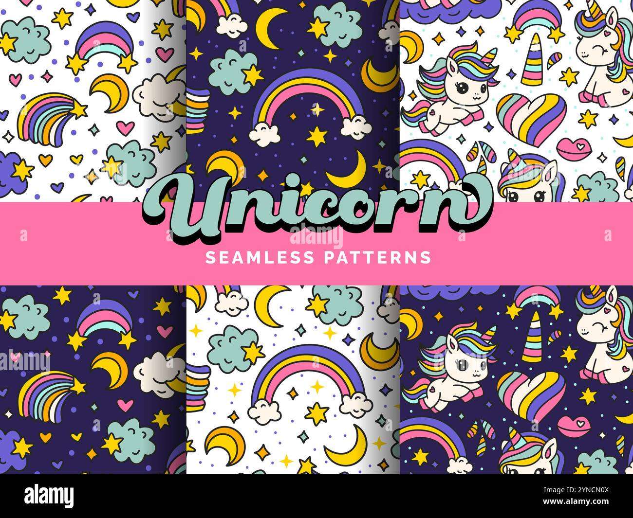 Baby cute children patterns magical unicorns rainbows clouds stars ...