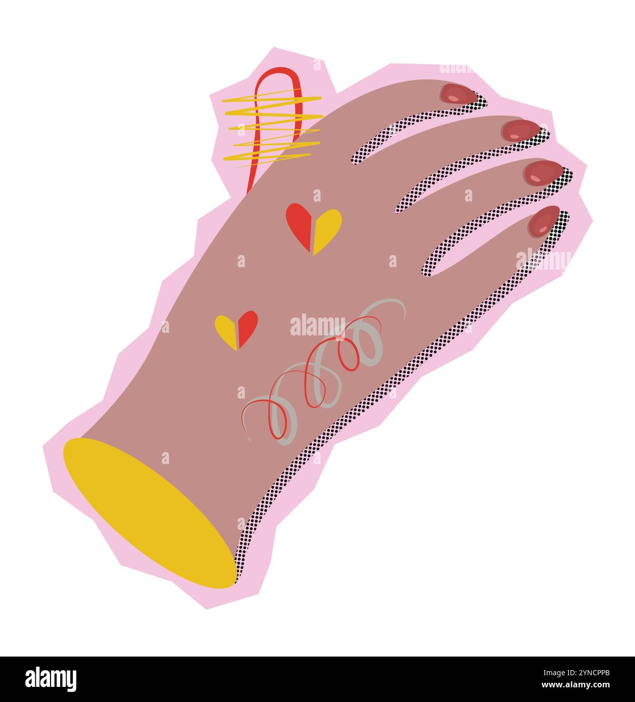 Color hand with halftone elements, trendy y2k symbol of lie, unlike ...