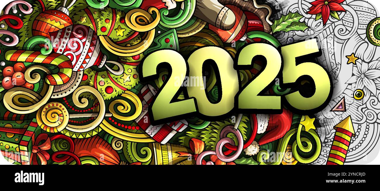 2025 doodles horizontal illustration. New Year objects and elements ...