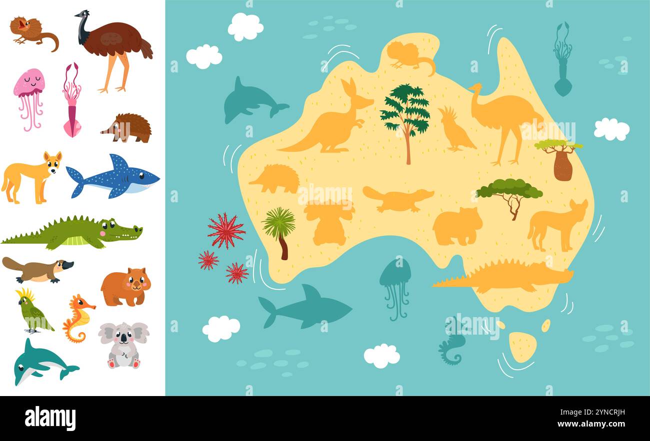 Children play template. Find right animal silhouette. Australia map ...