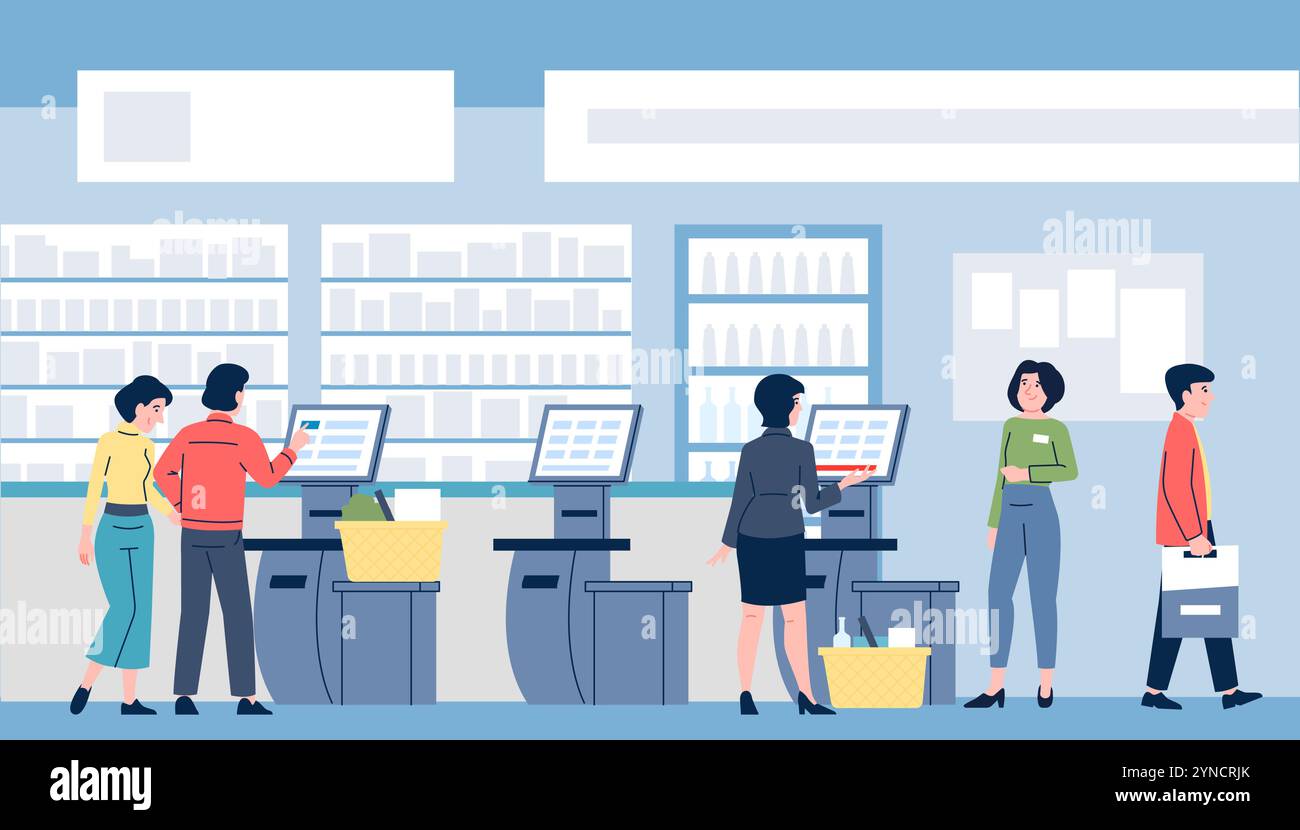 Grocery store self service. People with shop baskets and goods stands ...