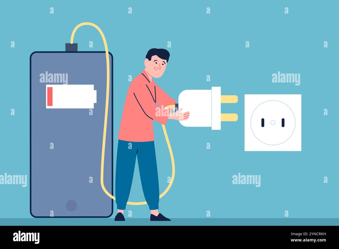 Man charge phone. Smartphone has low battery. Male hold electric plug ...