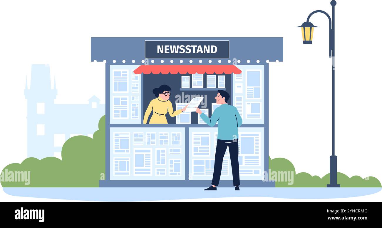 Buy newspaper in newsstand. Man buying paper magazine in city street ...